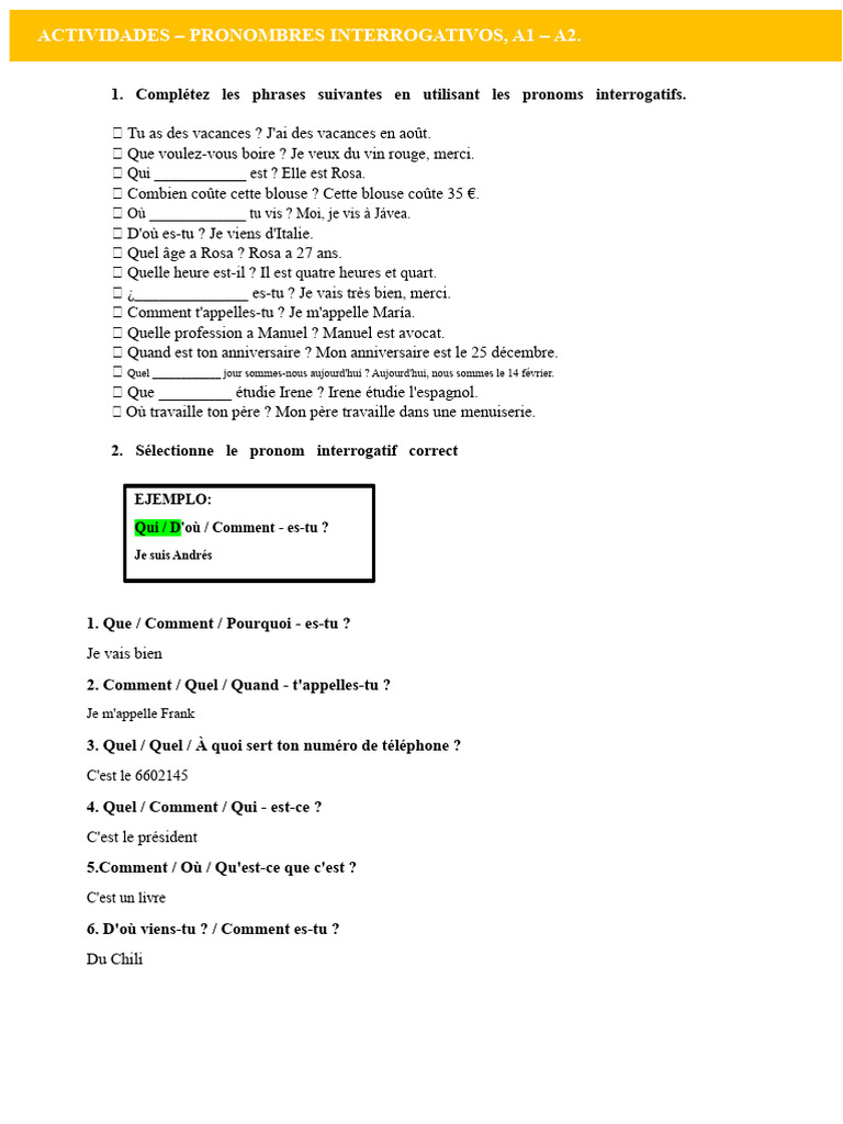 Activités sur les pronoms interrogatifs A1-A2 | PDF | Pronom | Échecs