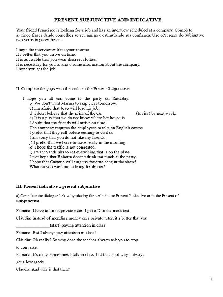 Present of The Subjunctive and The Indicative EXERCISES | PDF ...