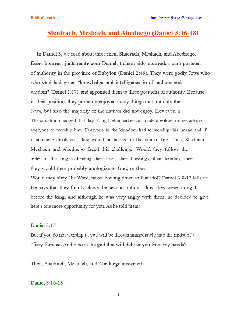 Unconditional Obedience of Three Hebrews | PDF | Shadrach, Meshach, And ...