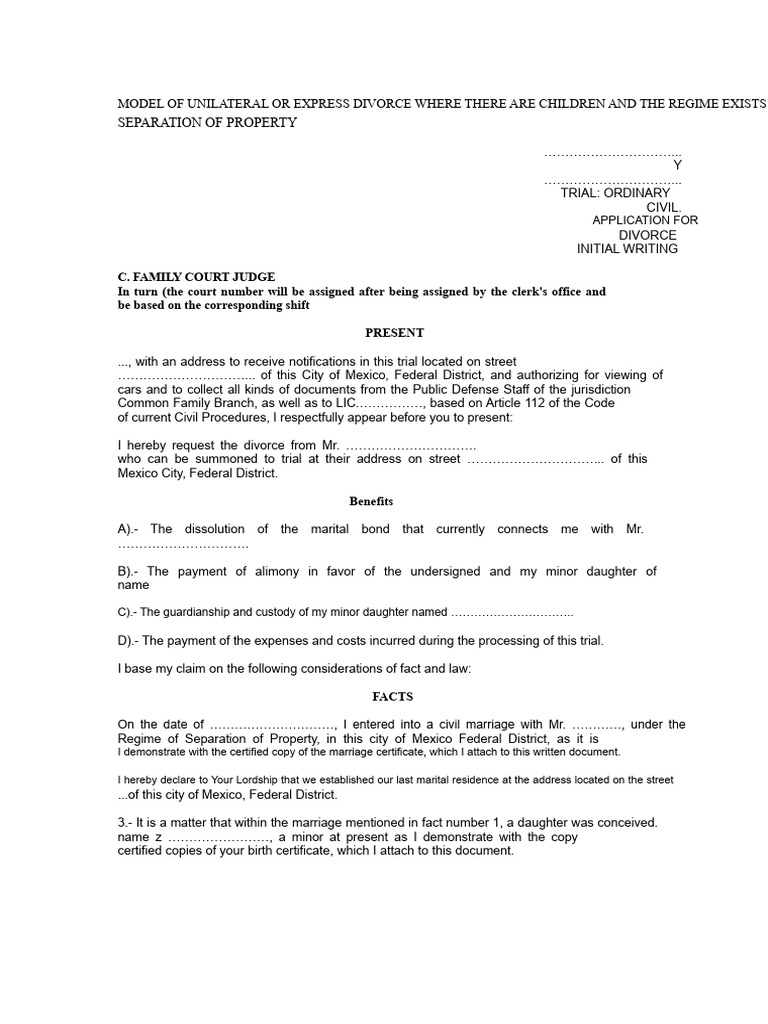 Unilateral or Express Divorce Model Where There Are Children and A ...