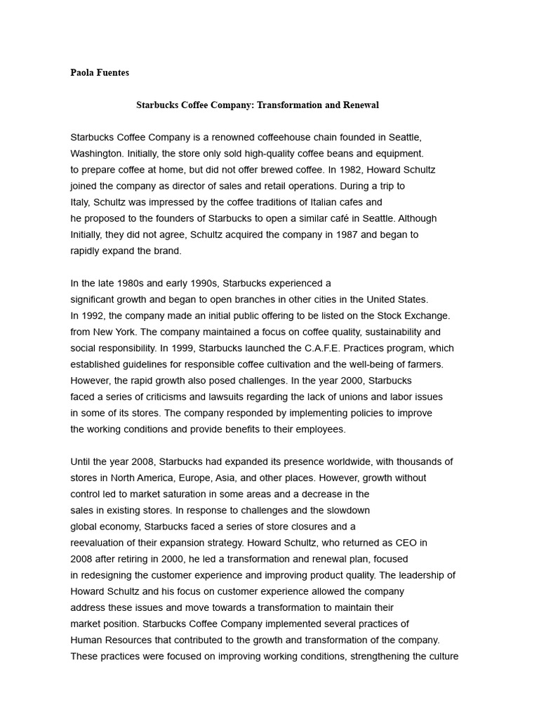 Starbucks: Transformation and Culture Shift | PDF | Starbucks | Coffeehouse