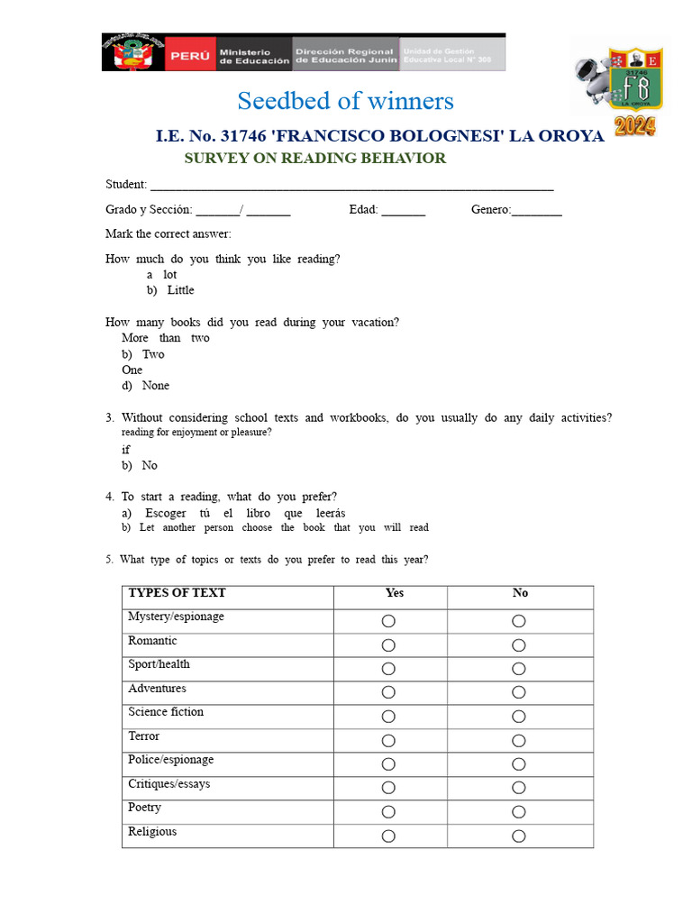 Reading Behavior Survey for Students | PDF | Books