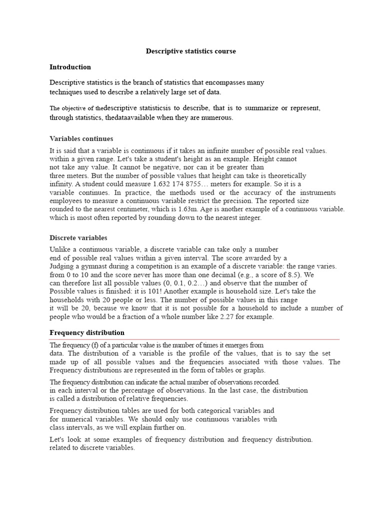 Descriptive Statistics Course | PDF | Variance | Standard Deviation