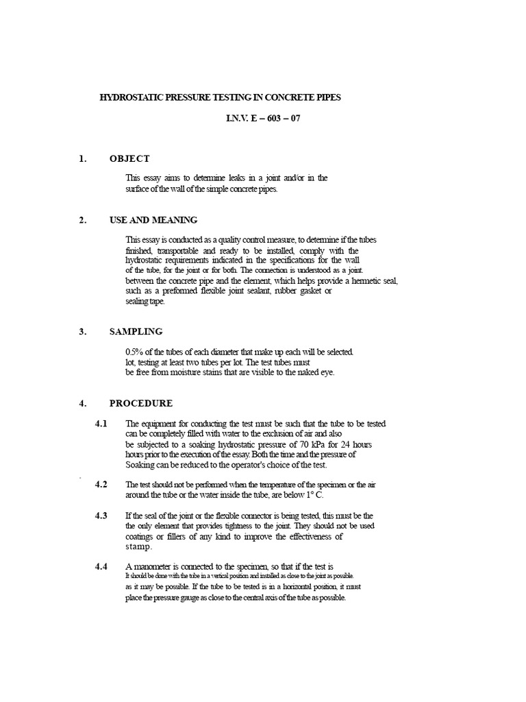 INV E-603-07 Hydrostatic Pressure Test On Concrete Pipes. | PDF | Pipe ...