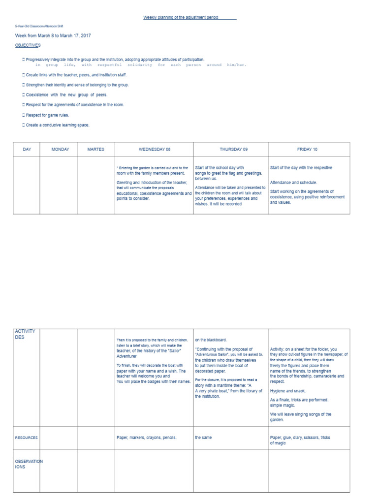 Weekly Planning for 5-Year-Olds | PDF