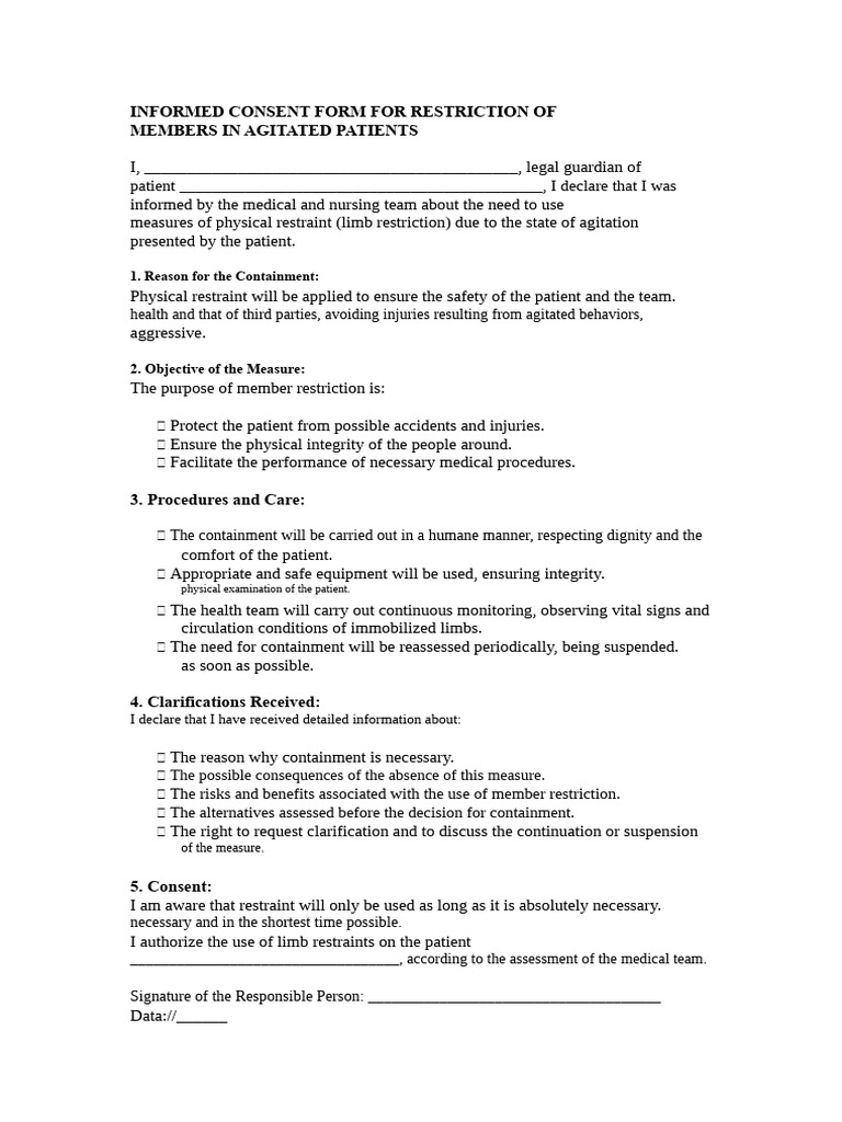 Informed Consent Form For Restriction of Limbs in Agitated Patients | PDF