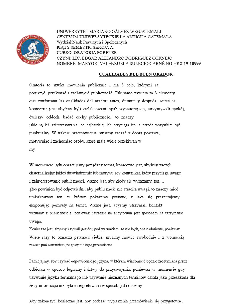 Essay o Cechach Dobrego Mówcy | PDF