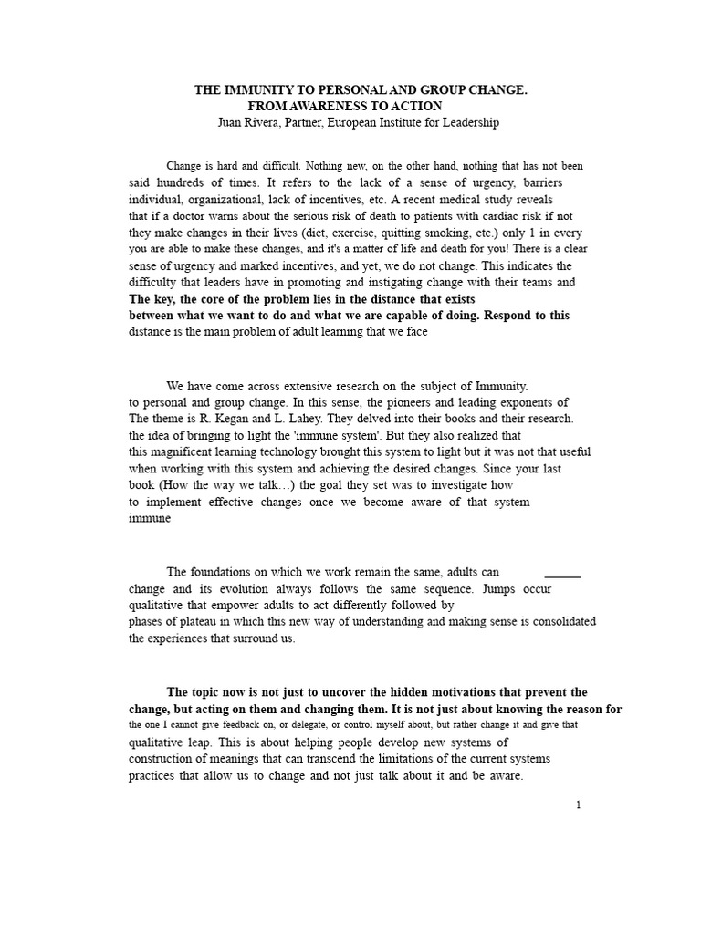 KEGAN From Immunity To Change Summary PDF | PDF | Mind | Epistemology