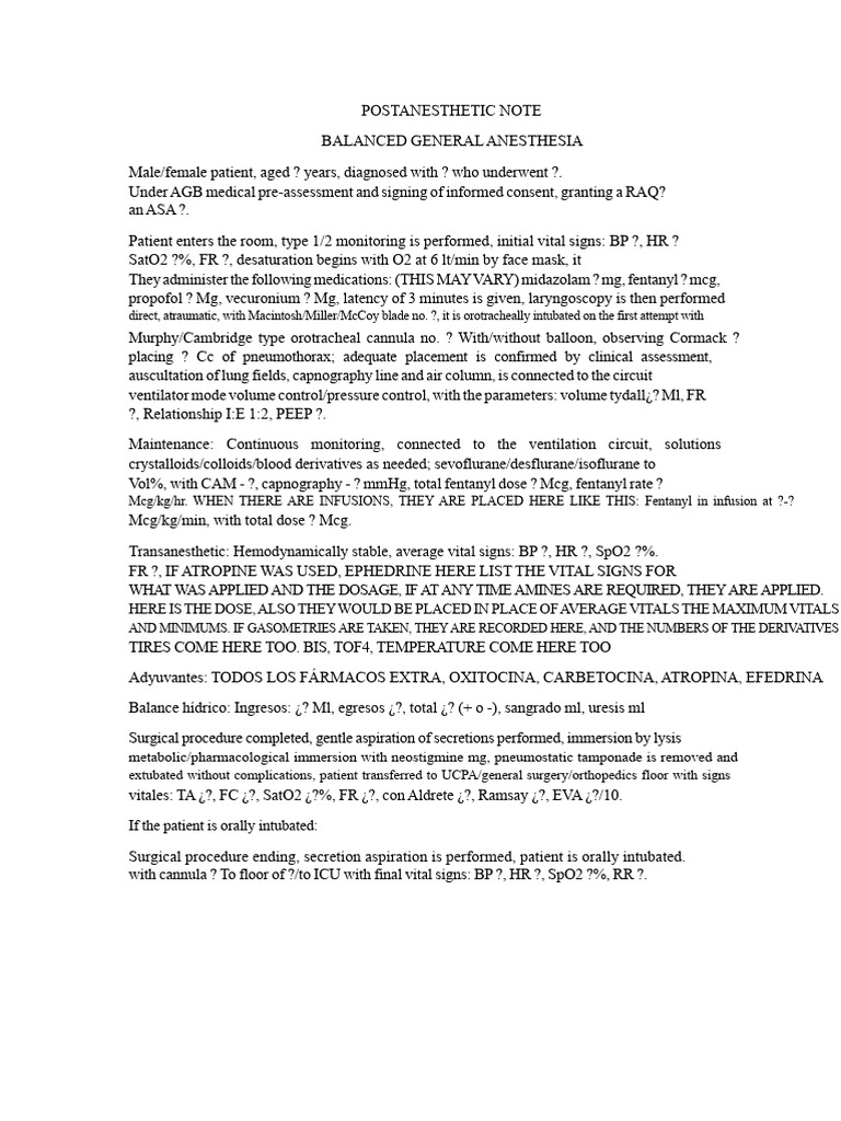 Post-Anesthesia Note | PDF | Anesthesia | Intravenous Therapy