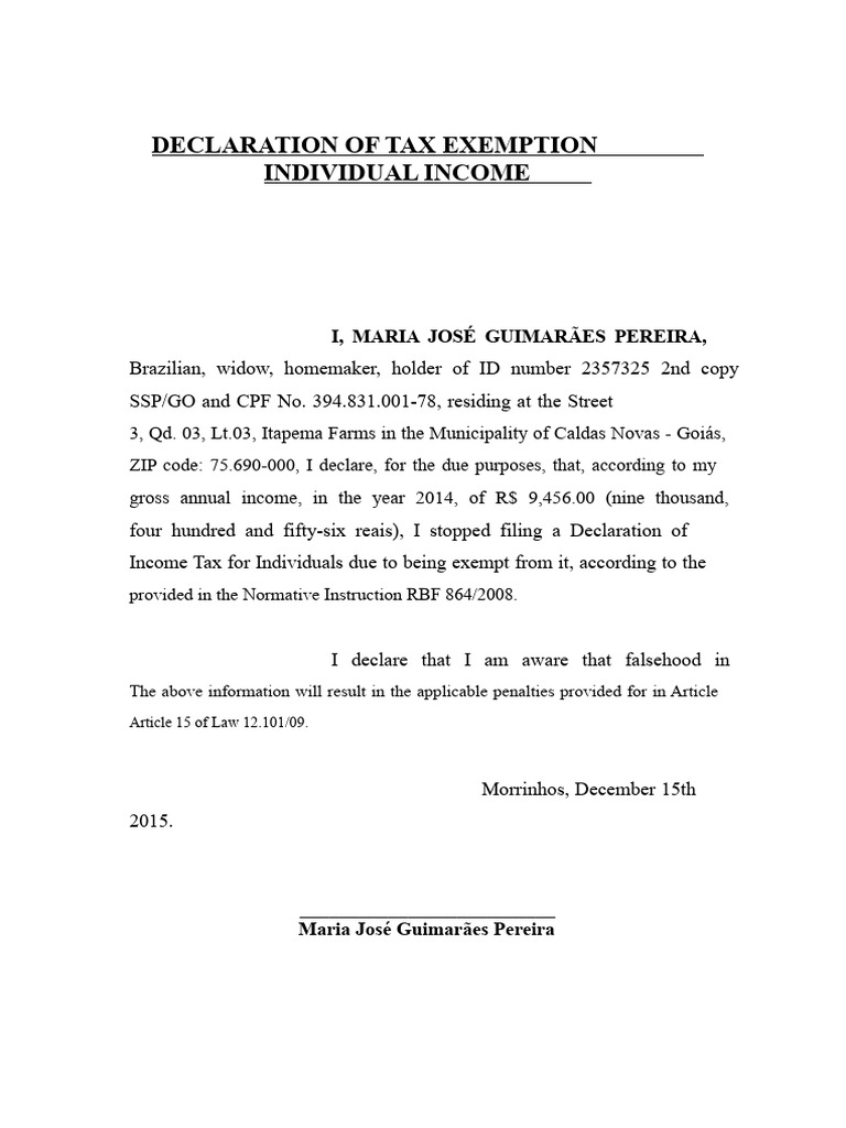Income Tax Exemption Declaration For Individual - Maria José | PDF