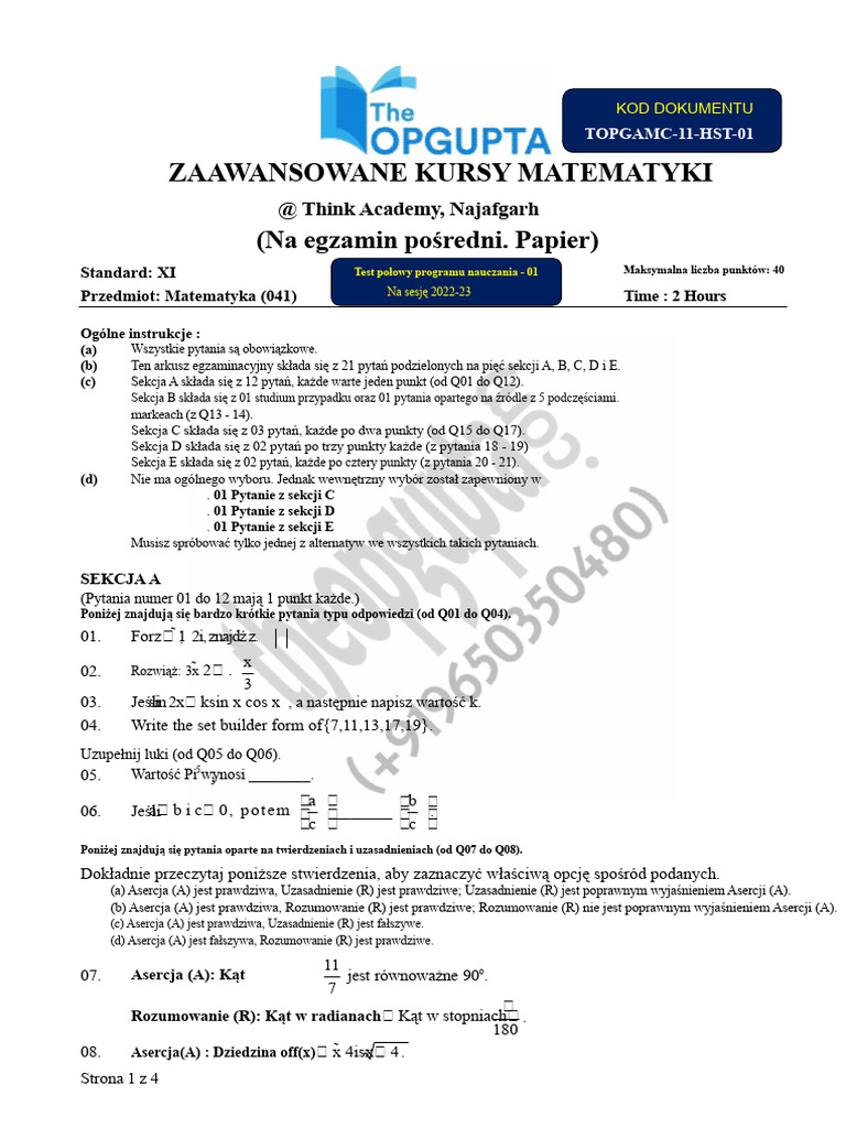 XI Połowa Syllabusa Test 1 Matematyka OP GUPTA | PDF