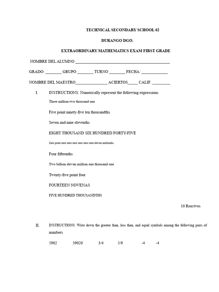 Extraordinary Exam Mathematics 1st Grade Secondary | PDF | Mathematics