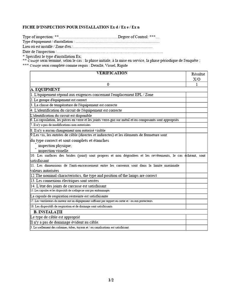 Fiche d'Inspection Équipements Ex d/e/n | PDF