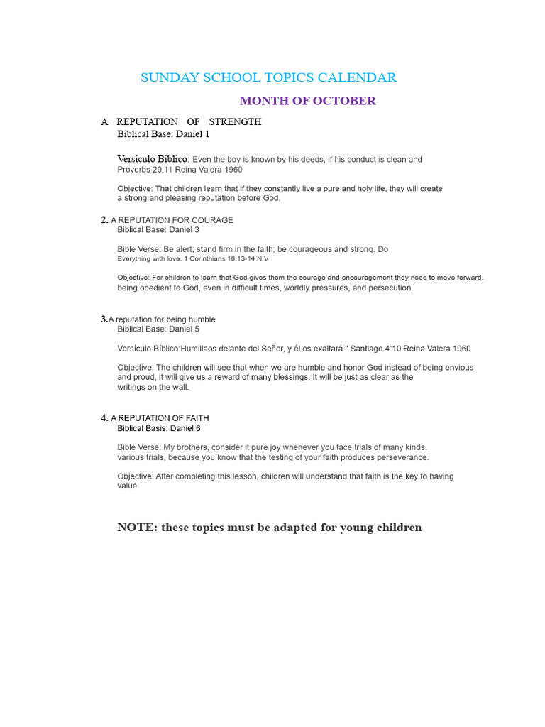 October Sunday School Topics for Kids | PDF