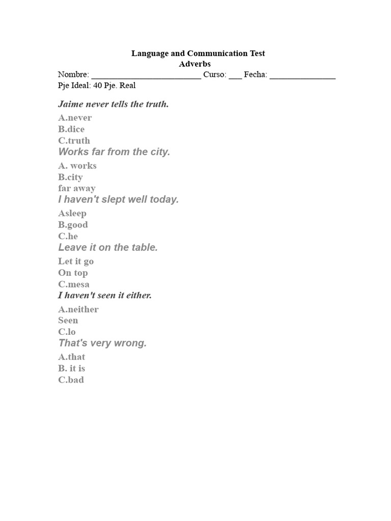 Adverb Language and Communication Test | PDF