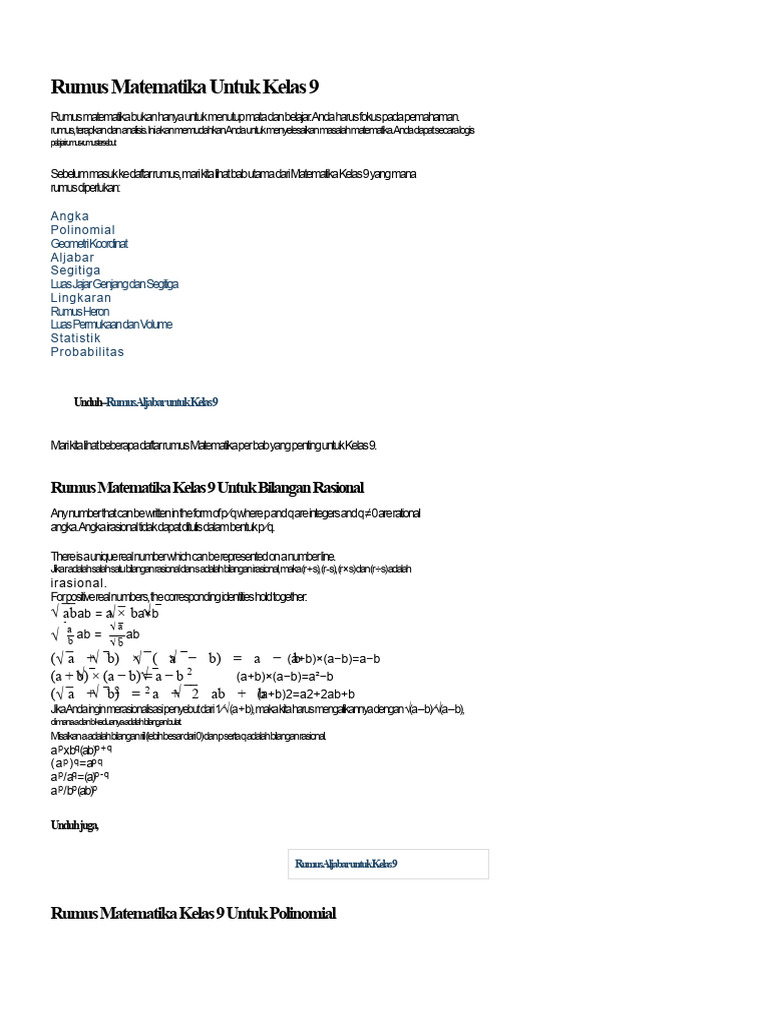 Rumus Matematika untuk Kelas 9 | PDF