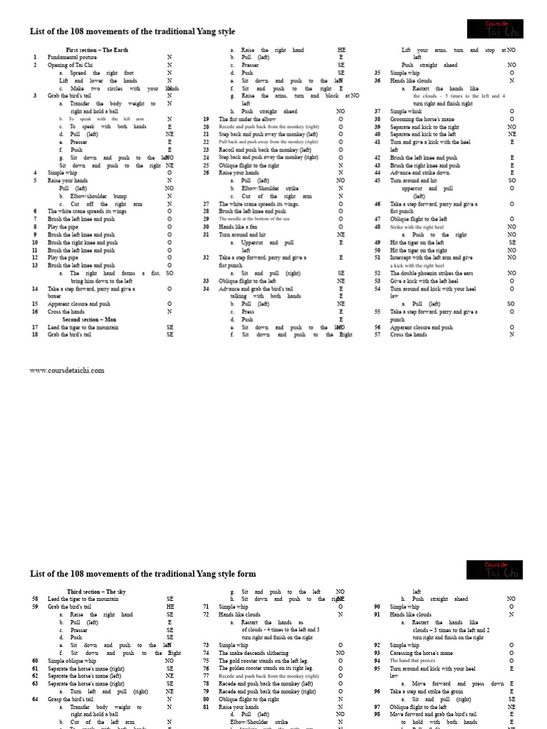 Yang Style Tai Chi: 108 Movements List | PDF
