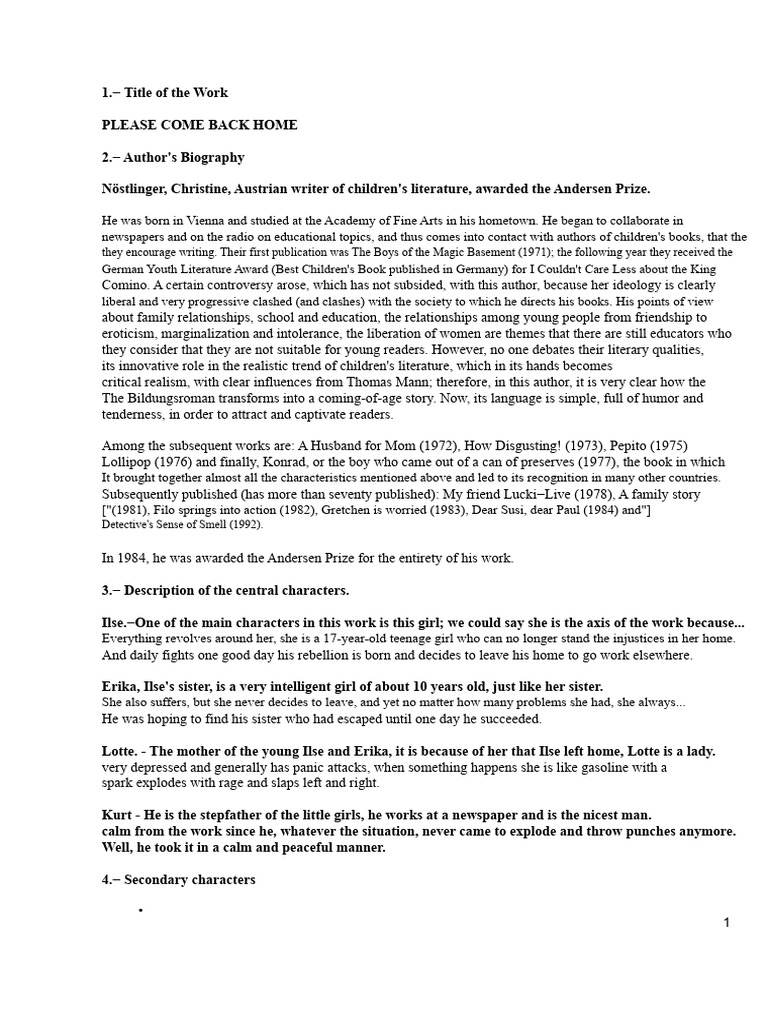 Please Come Home Christine Nostlinger Summary | PDF