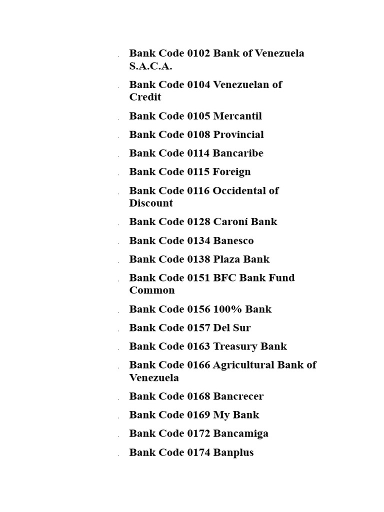 Bank Code 0102 Bank of Venezuela | PDF