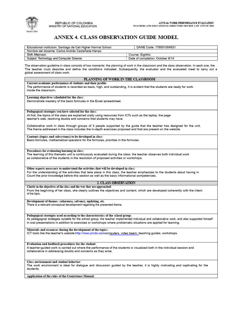 03 Class Observation Model | PDF | Teachers | Learning