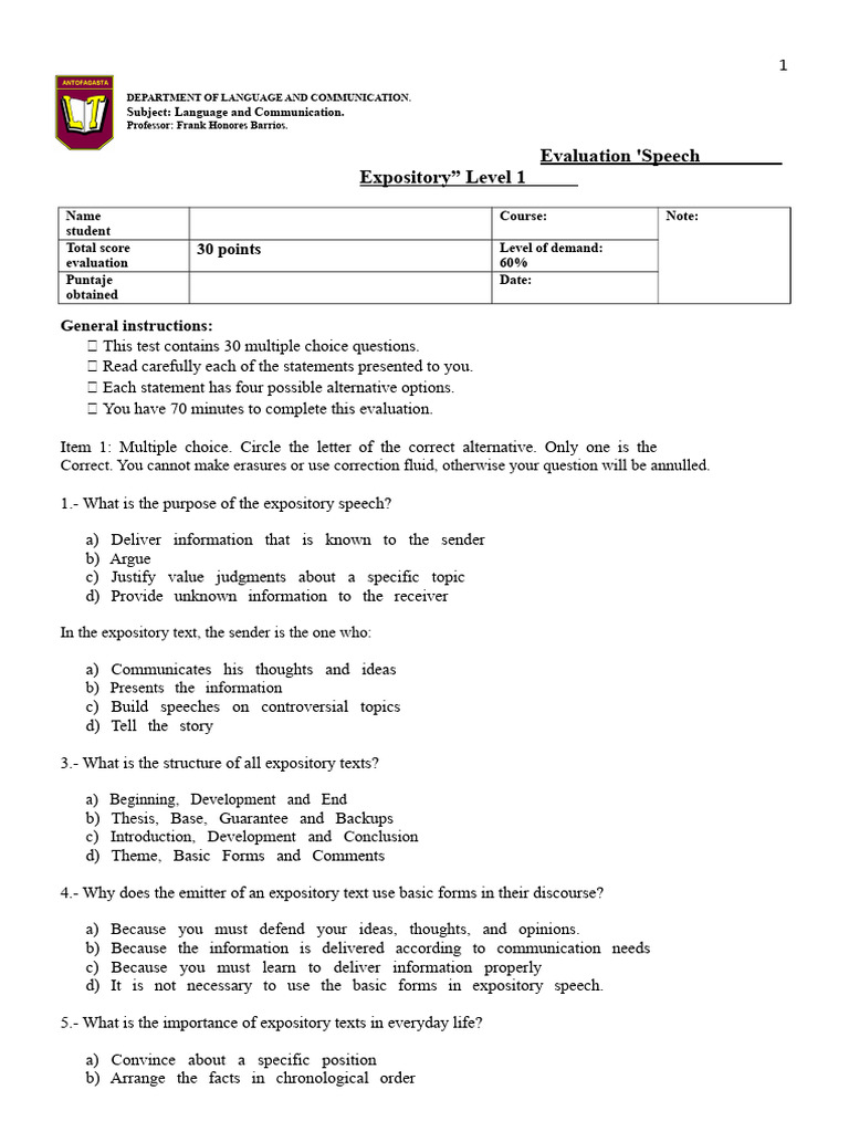 Expository Speech Evaluation Test | PDF | Multiple Choice | Evaluation