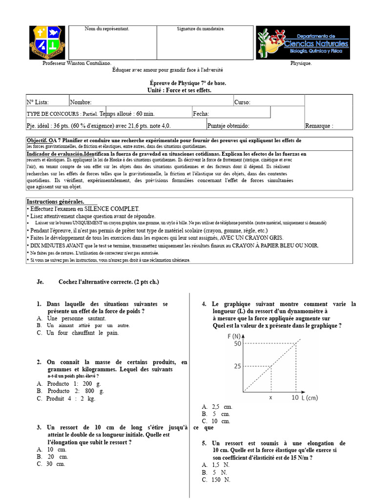 02 Test Physique Loi de Hooke 7ème Année PIE | PDF | Accélération | Vitesse