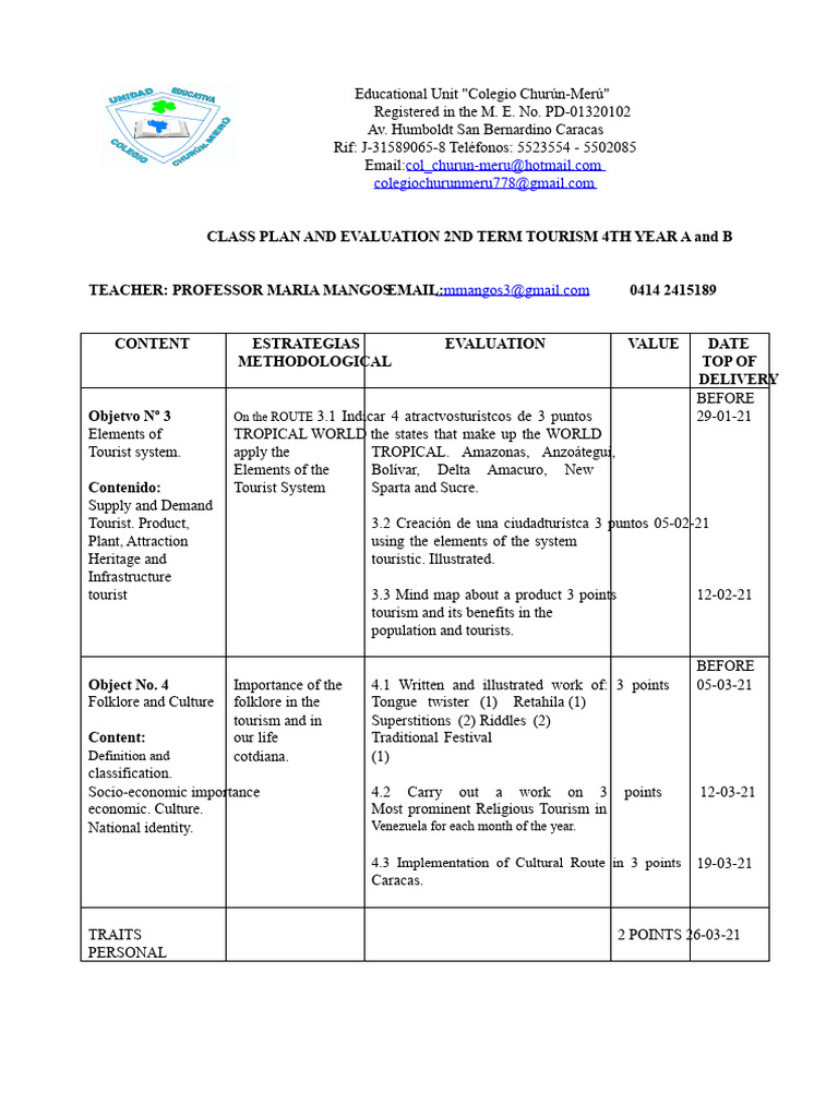 Class Plan and Evaluation 2ND Term Tourism and Insurance Teacher Maria ...