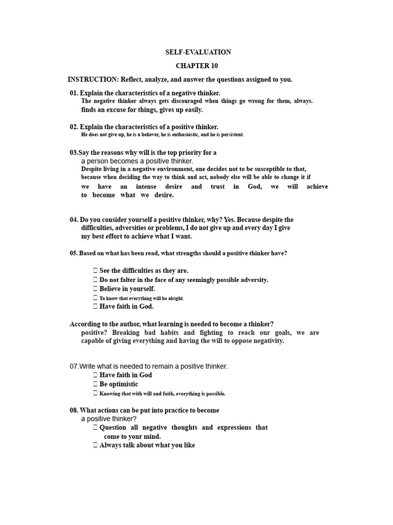 Self-Assessment Ch. 10 How To Be A Positive Thinker | PDF | Thought ...