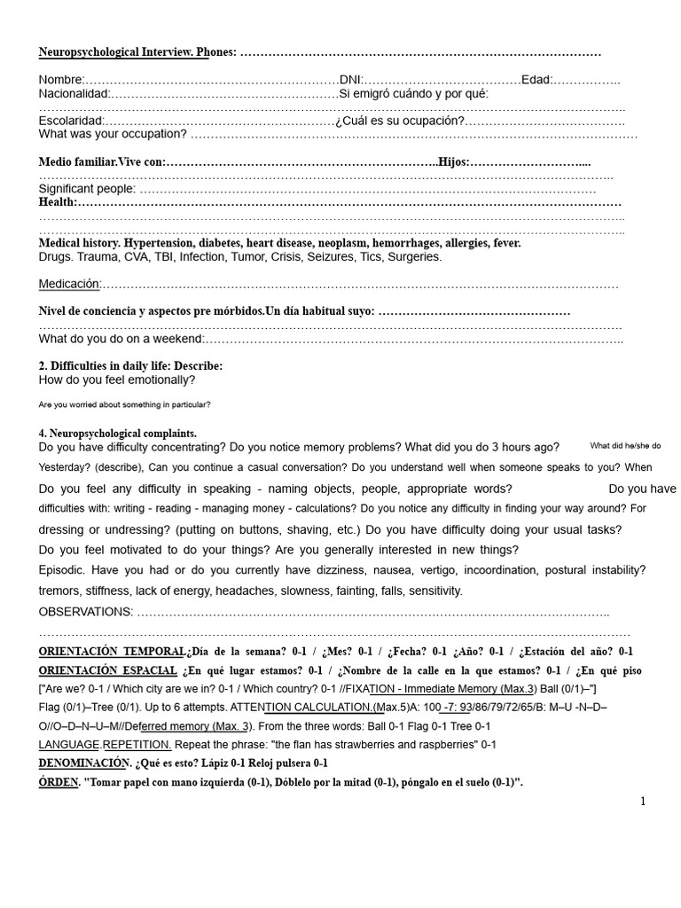 Neuropsychological Assessment Form | PDF | Neurological Disorders ...
