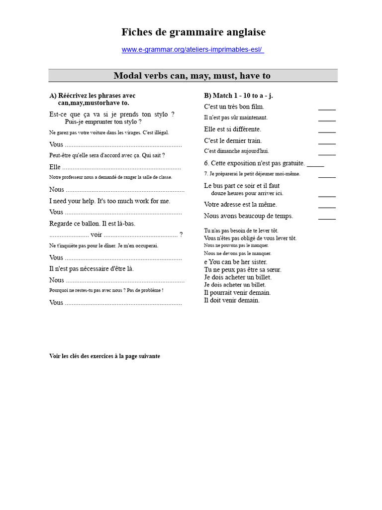 Fiche D'exercices Sur Les Verbes Modaux: Pouvoir, Devoir, Peut-Être ...