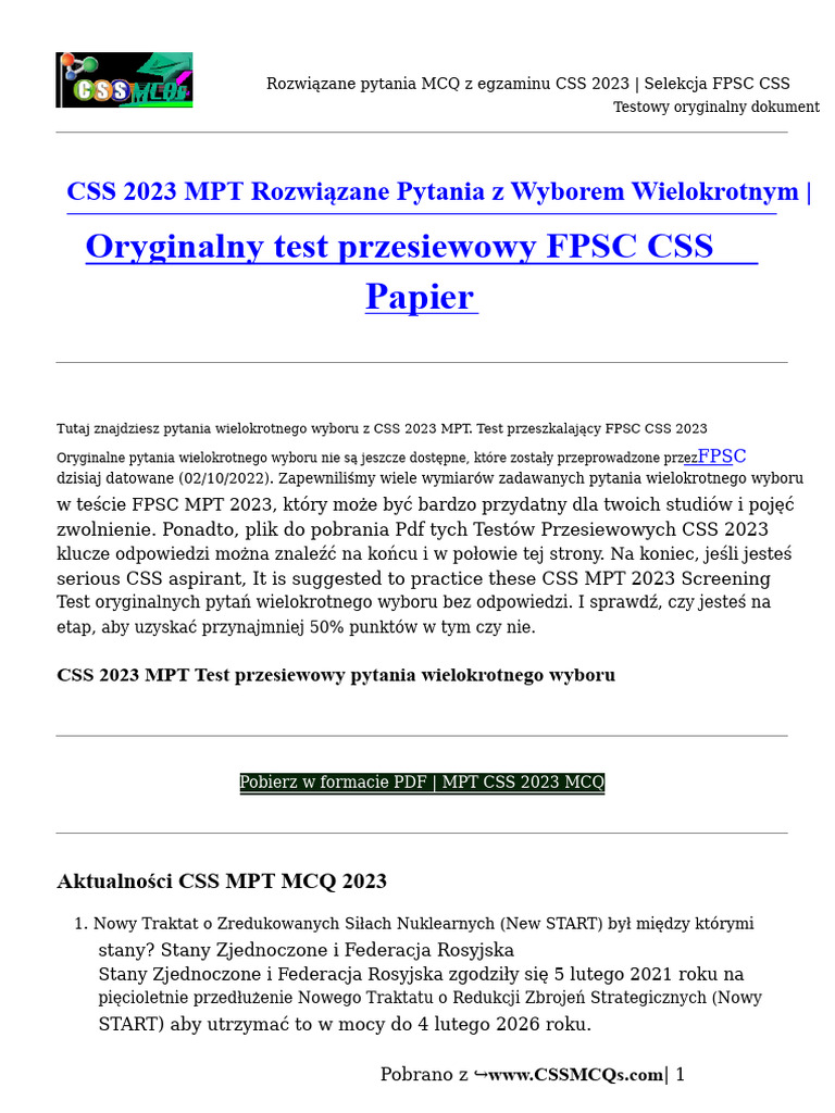 CSS 2023 MPT Rozwiązane MCQ - FPSC CSS Test Przesiewowy Oryginalny ...