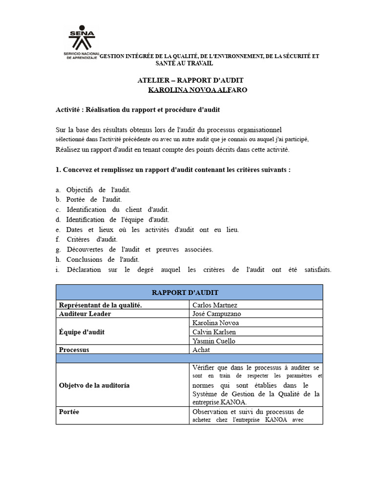 Rapport d'Audit sur la Gestion de Qualité | PDF | Audit