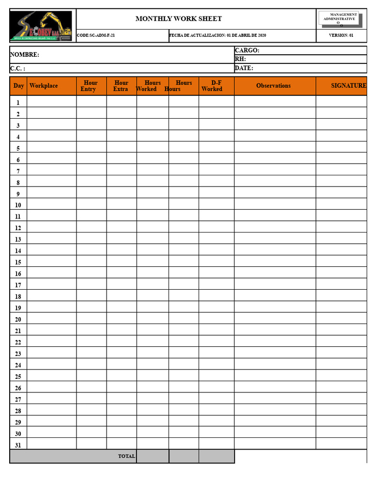 Monthly Work Hours Tracking Sheet | PDF