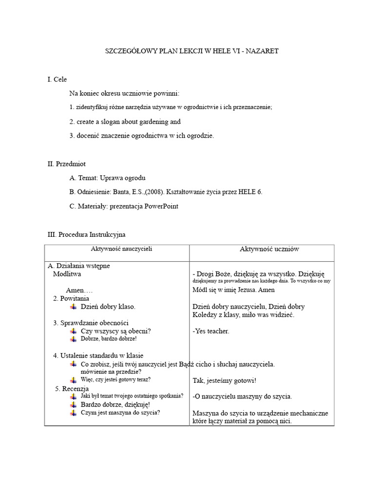 Szczegółowy Plan Lekcji W Hele Vi | PDF