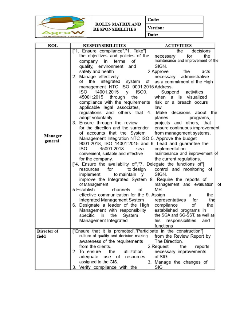 Matrix of Roles and Responsibilities SGI | PDF | Regulatory Compliance ...