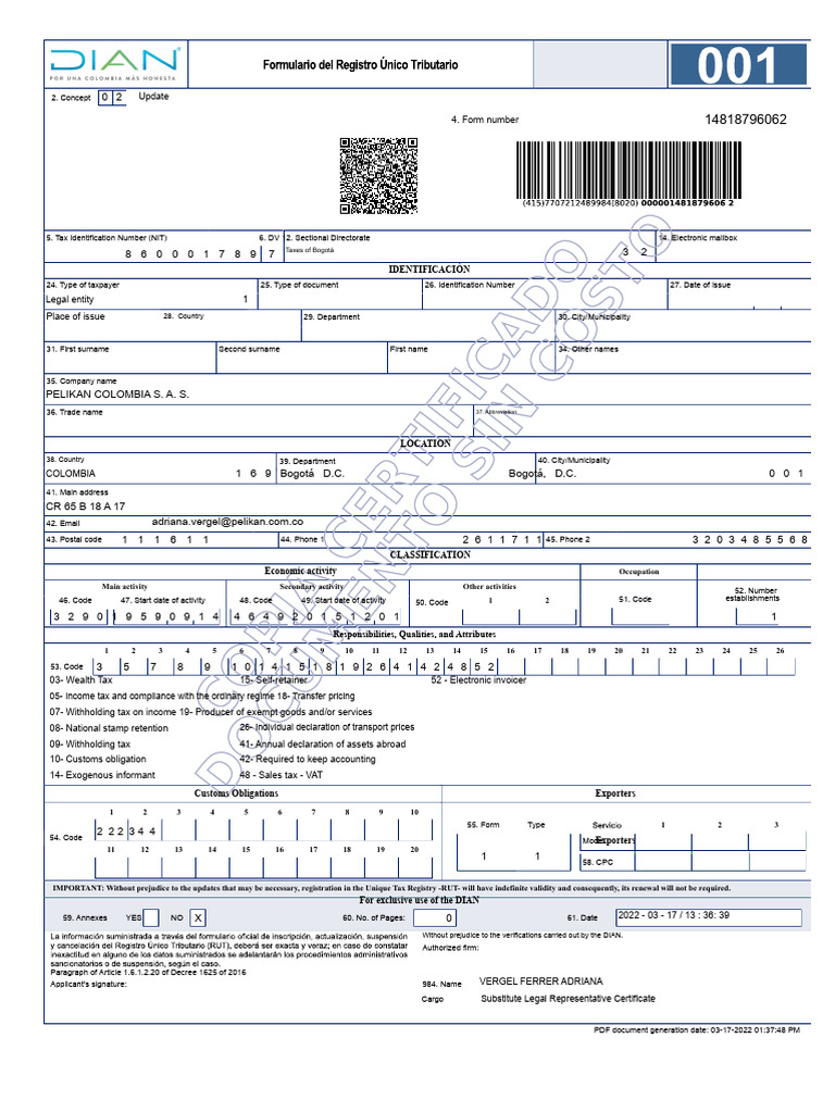 17.03.22-Rut Pelikan Colombia SAS | PDF | Identity Document | Taxes