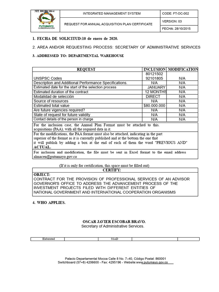 Ft-Oc-002 Form Request Certificate Annual Acquisitions Plan 2020 | PDF