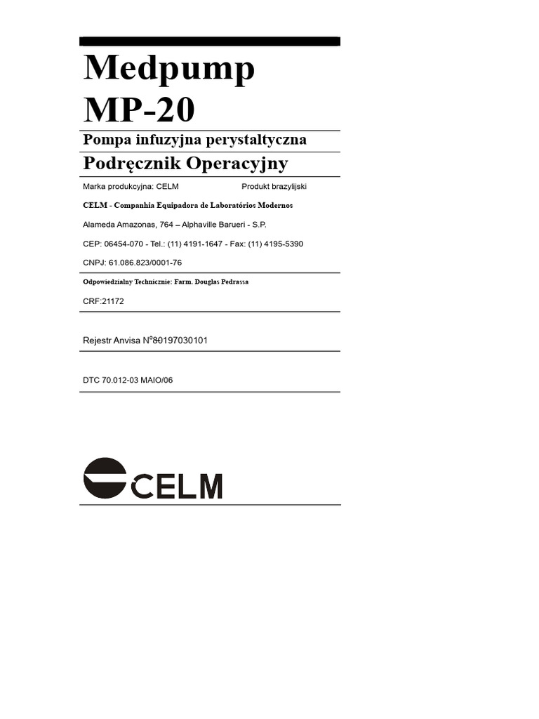 Podręcznik Pompy Infuzyjnej Celm Mp20 | PDF