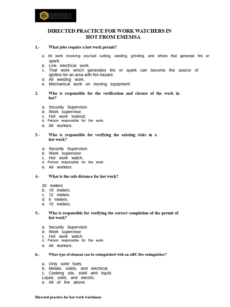 Questionnaire for Hot Work Watchers | PDF | Welding | Construction