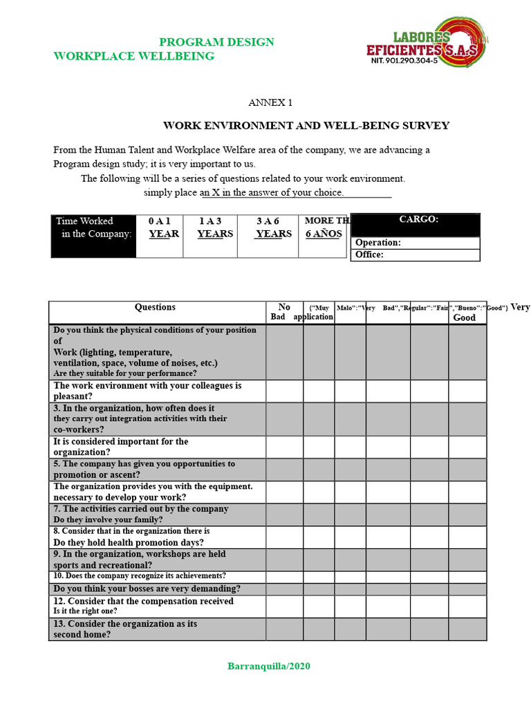 Work Environment and Well-Being Survey Format | PDF | Employment ...