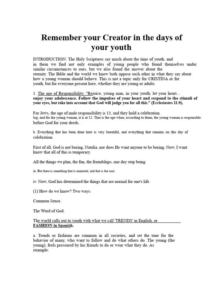 Remember Your Creator in The Days of Your Youth. | PDF | God | Bible