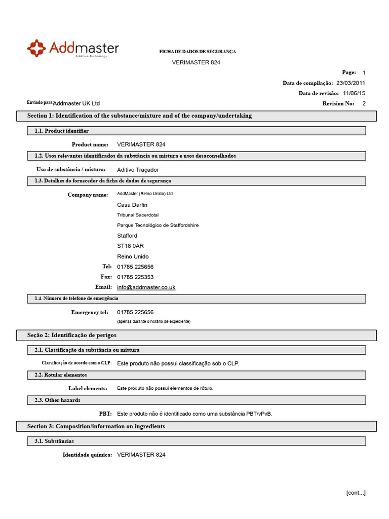 MSDS VERIMASTER 824 | PDF | Toxicidade | Reações químicas