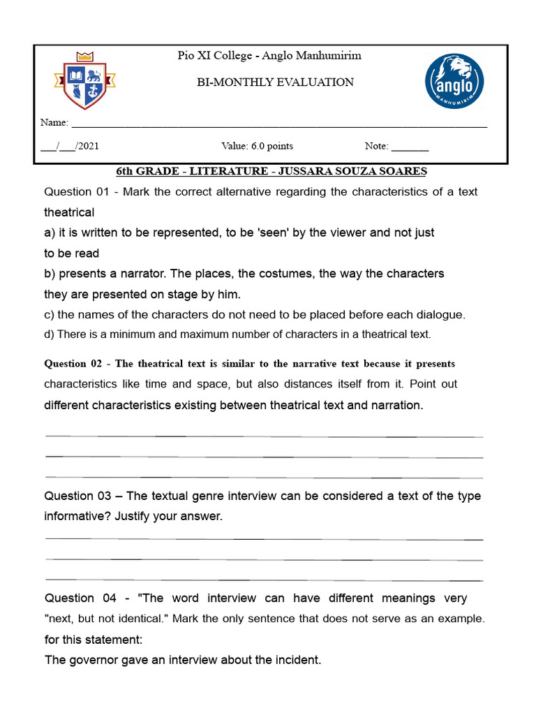 BI-MONTHLY EVALUATION - LITERATURE - 4TH BIM - 6TH GRADE | PDF