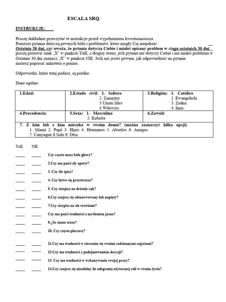 Kwestionariusz SRQ | PDF