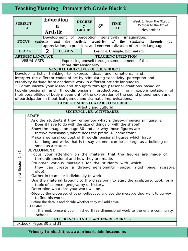 6th Grade Plan - Block 2 Artistic Education (2016-2017) | PDF ...