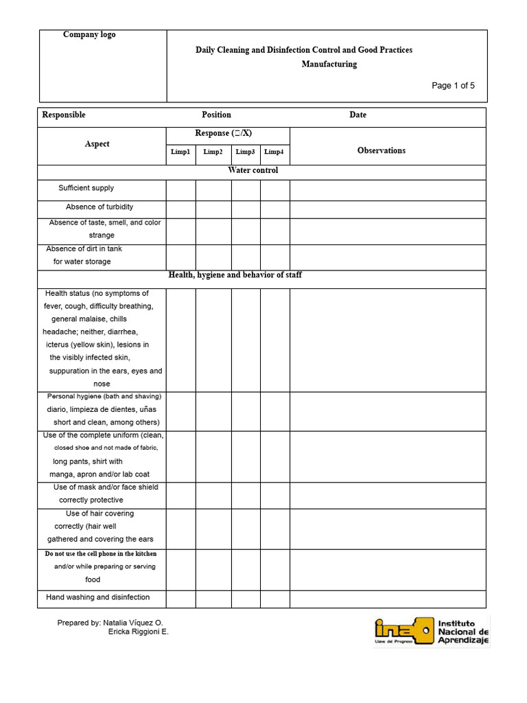 Example - Daily Cleaning and Disinfection Control Record and Good ...