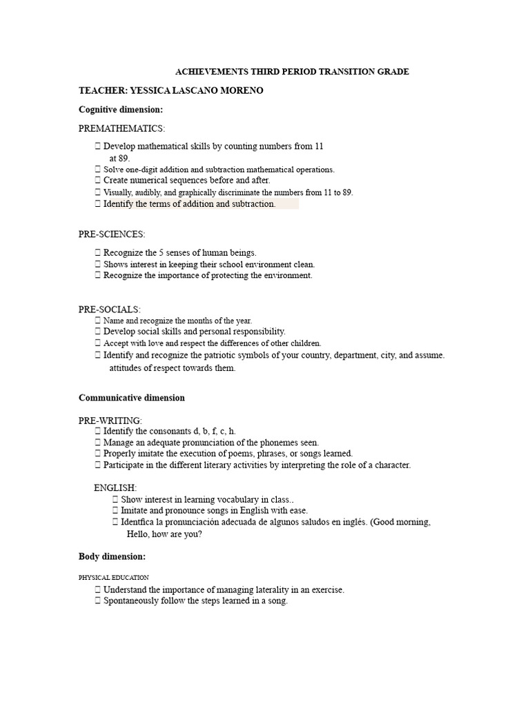 Achievements 3RD Period Transition Grade | PDF