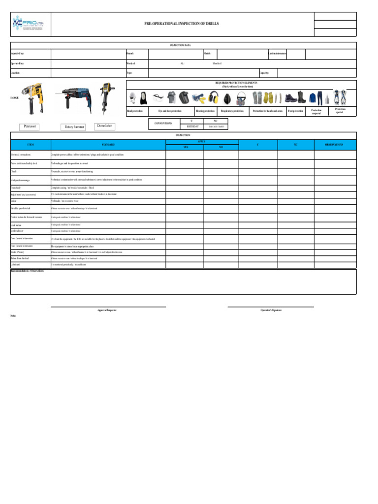 Pre-Operational Drill Inspection Checklist | PDF | Drill | Switch