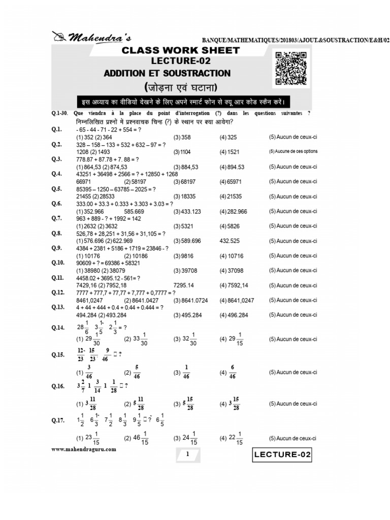 Questions d'Addition et Soustraction | PDF | Mathématiques | Arithmétique