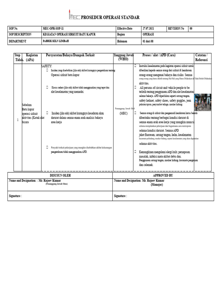 SOP 11 - Operasi Sirkuit Batu Kapur | PDF